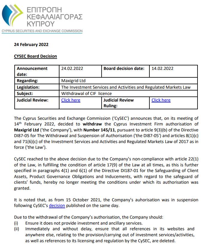 CySEC Finally Withdraws CIF License of Dualix Operator Maxigrid Ltd ...