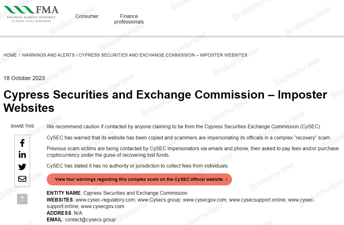 New Zealand's FMA Issues Warning Against Imposters of CySEC - BrokersView