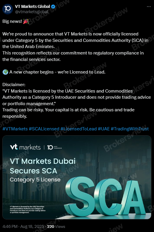 VT Markets Announces Acquisition of SCA License in the UAE - BrokersView