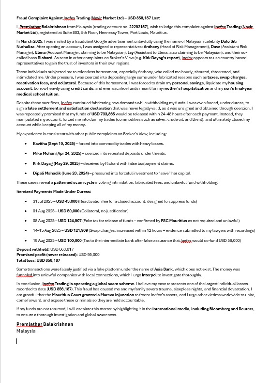 Fraud Complaint Against Inefex Trading (Novir Market Ltd) – USD 856,187 ...